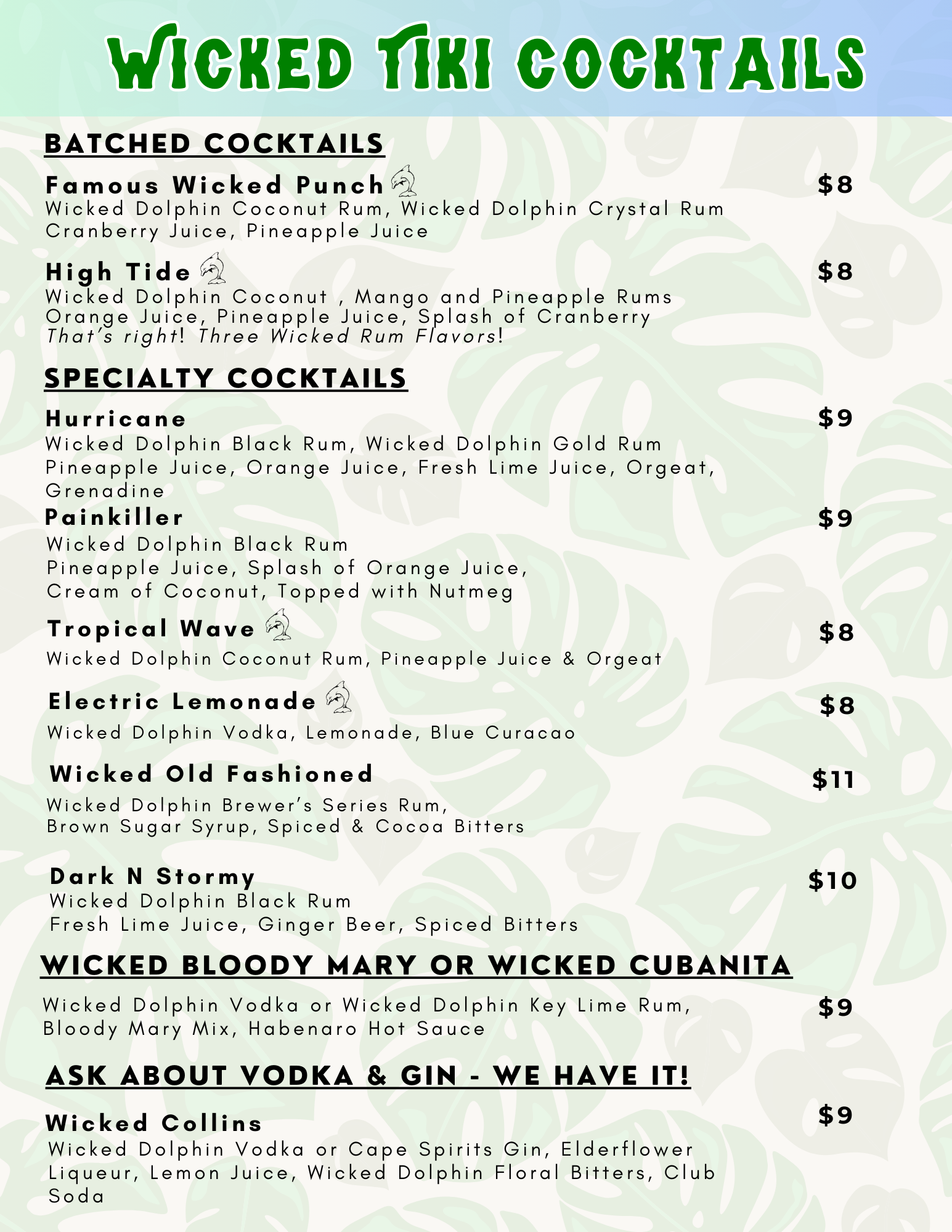 Tiki Cocktail Menu - Wicked Dolphin Rum
